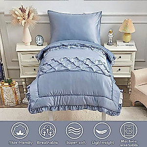 Toddler Bedding Set for Girls 4 Piece Pinch Pleated Grey Ruffle Fringe Pintuck Toddler Bed Comforter Set for Kids Bed-in-a-Bag Quilt Crib Sheet Set with Comforter,Flat Sheet,Fitted Sheet,Pillowcase
