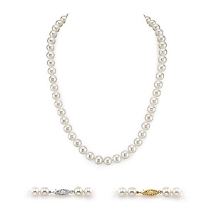 The Pearl Source 14K Gold 8-9mm AAA Quality Round White Freshwater Cultured Pearl Necklace for Women in 20" Matinee Length