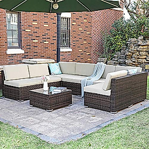 YITAHOME 8 Piece Outdoor Patio Furniture Sets, Garden Conversation Wicker Sofa Set, and Patio Sectional Furniture Sofa Set with Coffee Table and Cushion for Lawn, Backyard, and Poolside, Brown