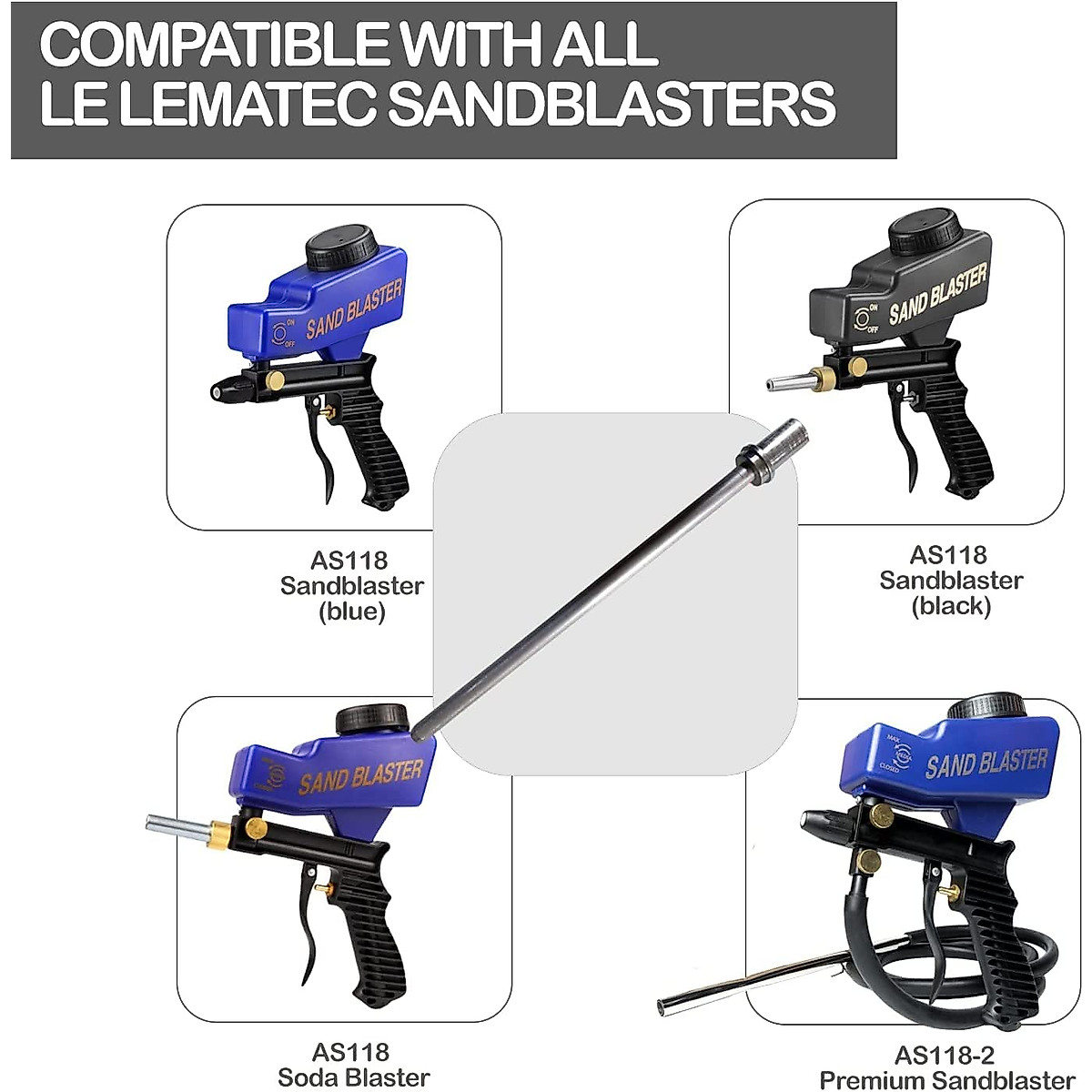 Le Lematec AS118 Blue Sandblaster and Sandblaster Long Nozzle Attachment Bundle