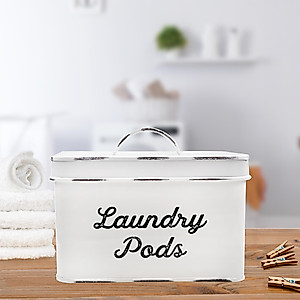 AuldHome Enamelware Laundry Pod Holder; Rustic White Laundry Pod Storage Container