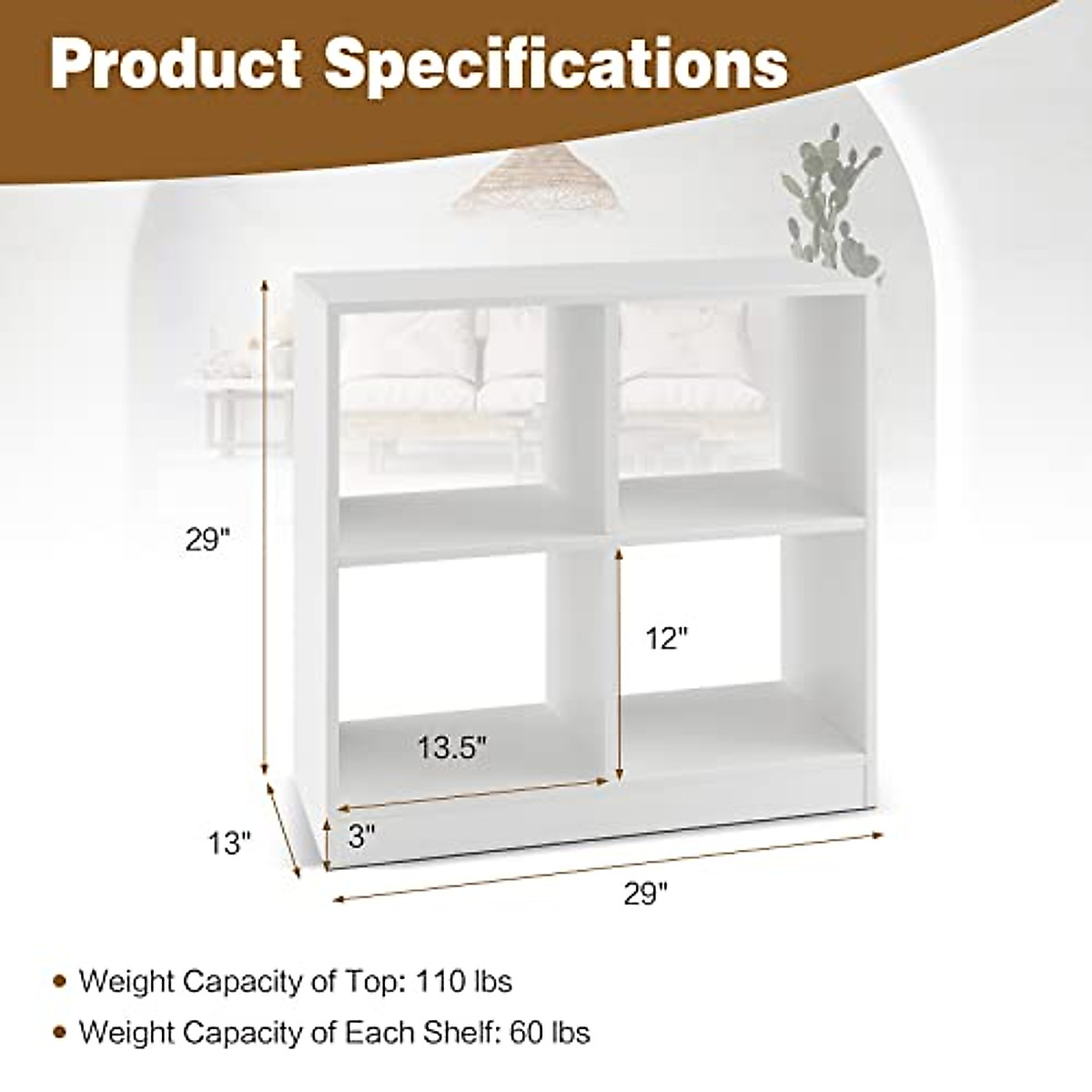 Giantex 4-Cube Bookcase White - 2-Tier Freestanding Open Bookshelf with Anti-Toppling Device, Wooden Decorative Storage Organizer, Modern Floor Display Shelf for Kid's Room Study Bedroom Living Room