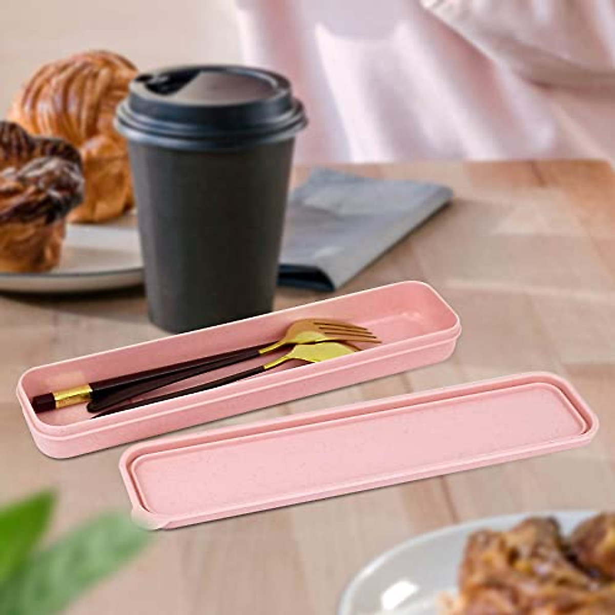 H H&J HUAJIAN Portable Simple Tableware Storage Box and Storage Bag for Knives, Forks, Spoons, Chopsticks, Straws Storage for Travel, Picnic, Camping, Office, School, Bento Box. (pink)