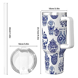 Xiexide 40oz Fits Cup Holder Sports Blue And White Porcelain Chinese Style Chinoiserie Antique Double Walled Vacuum Insulatedith Handle And Straw,Hot & Cold Drinks