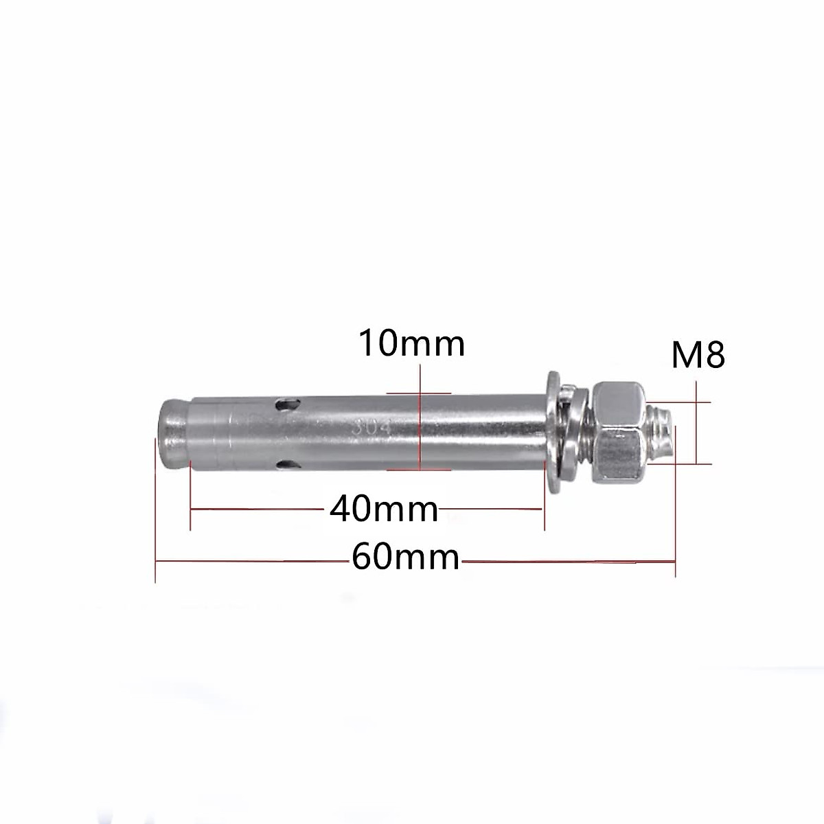 M8 x 60 mm External Hex Expansion Bolts Screws Sleeve Anchors, Stainless Steel, 10Pcs