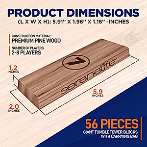 Serene Life 56 PCS Giant Tumble Tower Game - Non-Toxic Pine Wooden Stacking Timber Blocks Set with Zippered Carrying Bag, Book Scoreboard - Classic Jumbo Wood Block Outdoor Game for Kids and Adults