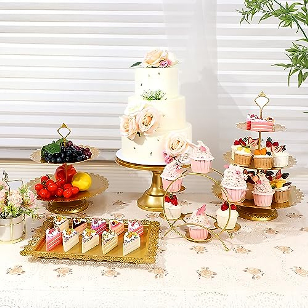 7Pc Cake Stand Set Gold Metal Dessert Table Display Round Tiered Gold Cupcake Stand Macaron Ferris Wheel Holder Cookies Serving Trays Fruit Plates for Tea Party Wedding Birthday Baby Shower Decoration