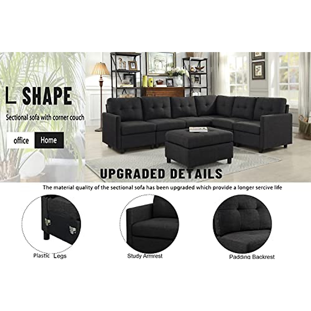 BEEY Modular Sectional Sofa Couches Living Room 6 Seats Corner Sectional Couches L- Shape Sofa Couch with Ottoman Set for Small Apartment,Deep Grey