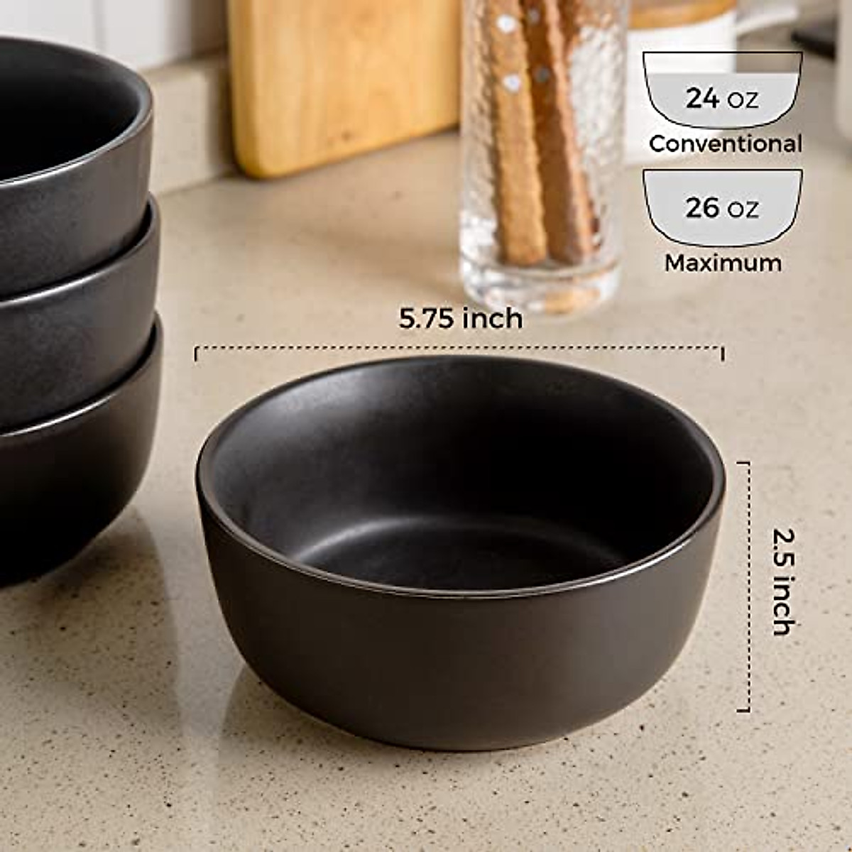 AmorArc Stoneware Cereal Bowls Set of 4, 26oz Soup Bowls Set for Cereal Soup Snacks, Modern Kitchen bowls for Meal, Dishwasher &Microwave Safe, Matte Black