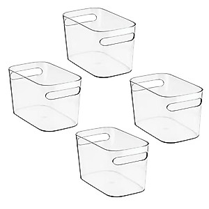 mDesign Deep Plastic Bathroom Bin with Handles - Storage Organizer for Vanity Countertop - Hold Soap, Body Wash, Shampoo, Lotion, Conditioner, Hand Towels - 10" Long, Aura Collection, 4 Pack, Clear