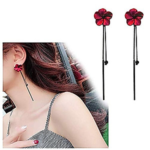 Trendy Red Green Poppy Flower Black Long Line Bar alloy Tassel Earrings for Women Charm Drop Dangle Earring Jewelry (Red)