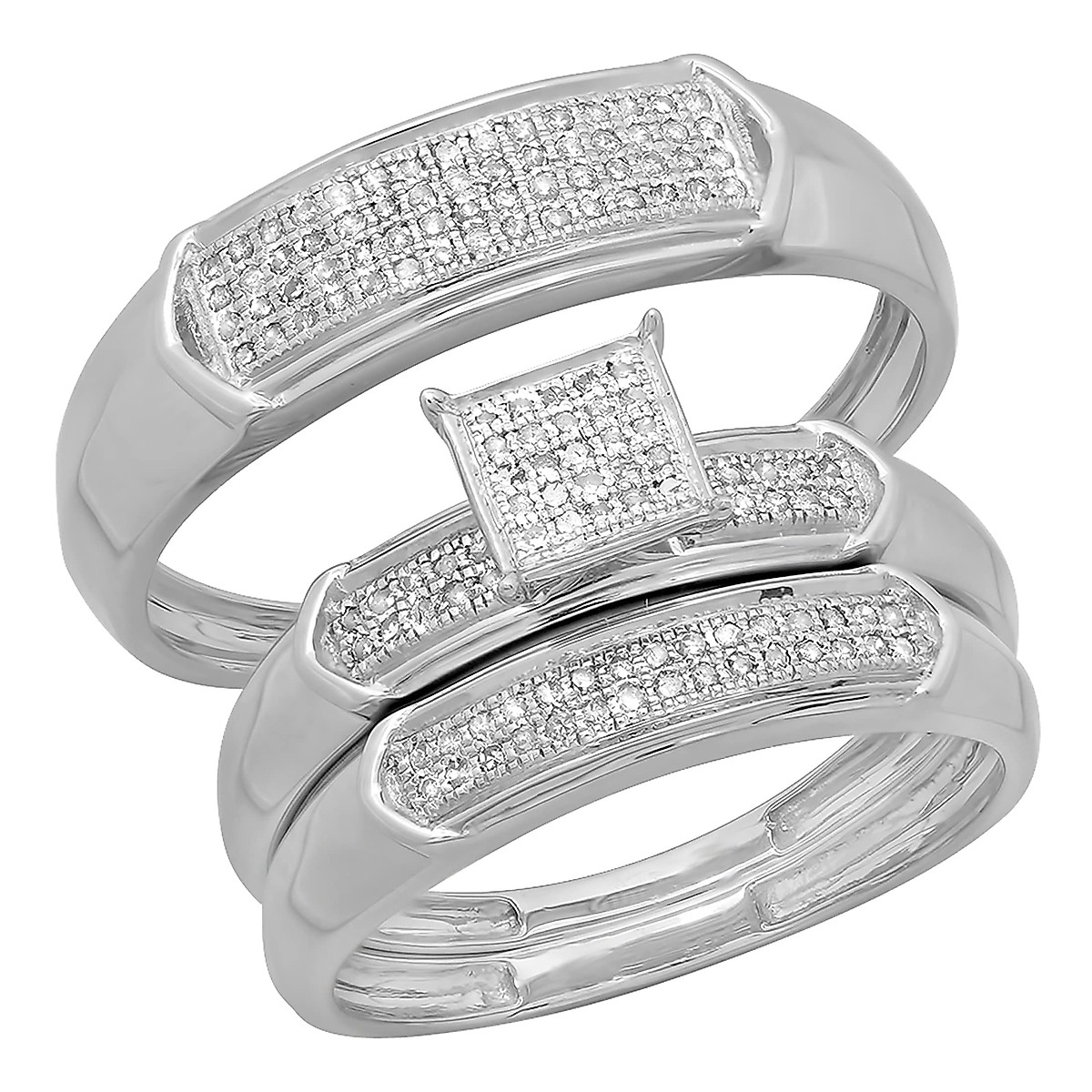 Dazzlingrock Collection 0.30 Carat (ctw) Round White Diamond Square Framed Wedding Trio Ring Set in 925 Sterling Silver, Women size 7 & Men size 7