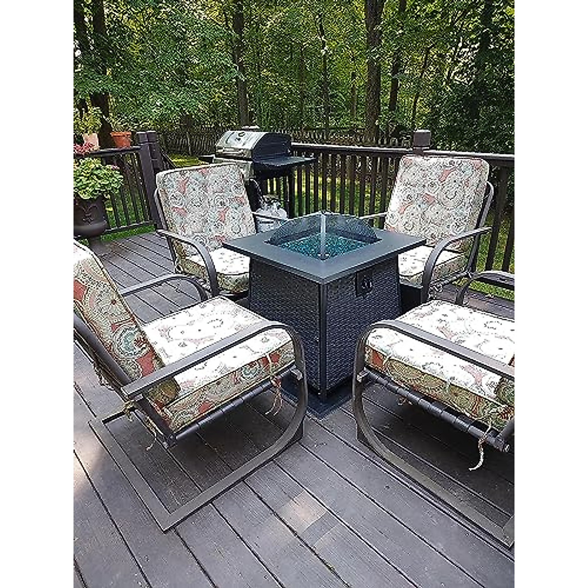 Domi Gas FirePit Table, 28 Inch 50,000 BTU Outdoor Wicker Patio Propane Firepit w/Blue Glass Rocks, Hideaway Tank Holder, ETL Certification, Cover Lid, Wood Look Tabletop (Square)