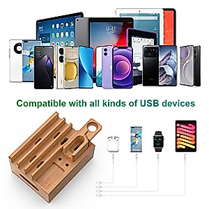 Pezin & Hulin Bamboo Charger Station for Multiple Device (Included 5 Port USB Charger, 6 Pack Charging Cables, Watch & Earbuds Stand), Desktop Electronic Organizer for Cell Phone, Tablet
