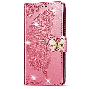 COTDINFOR Wallet Case for Google Pixel 8 Case Crystal Glitter Bling with Card Holder Stand Leather Flip Wallet Phone Case Diamond Butterfly Protective Case for Google Pixel 8 Crystal Pink