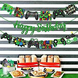 Video Game Birthday Banners Gamer Birthday Party Decorations 3Pcs Game on Party Decorations Gaming Happy Birthday Banner Green for Game Theme Baby Shower Supplies