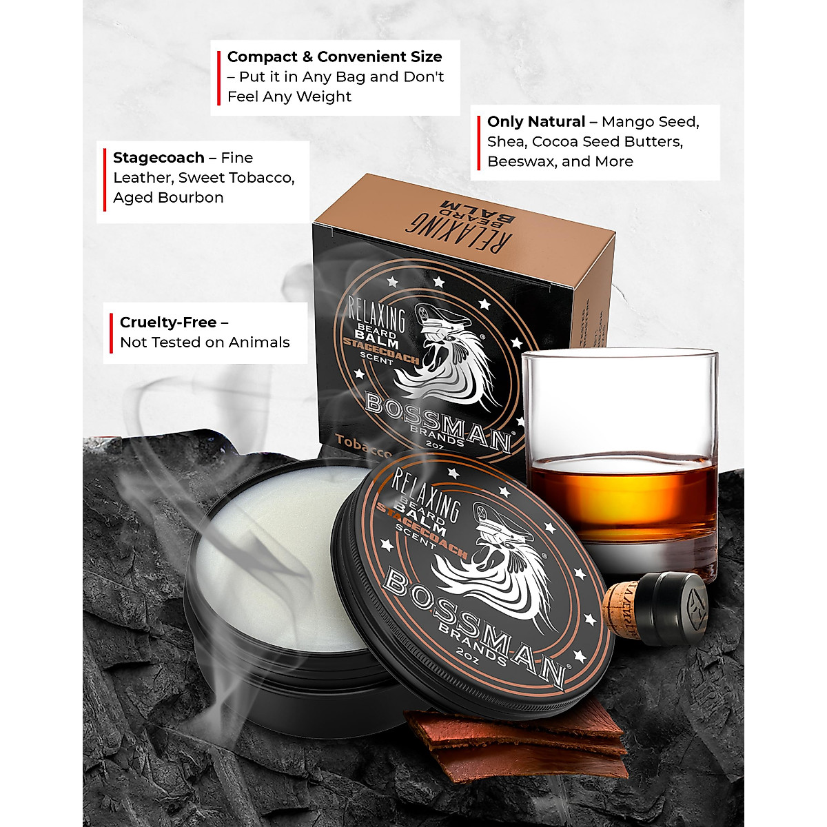 Bossman Relaxing Beard Balm - Beard Tamer, Relaxer, Thickener and Softener Cream - Beard Care Product - Made in USA (Stagecoach Scent)