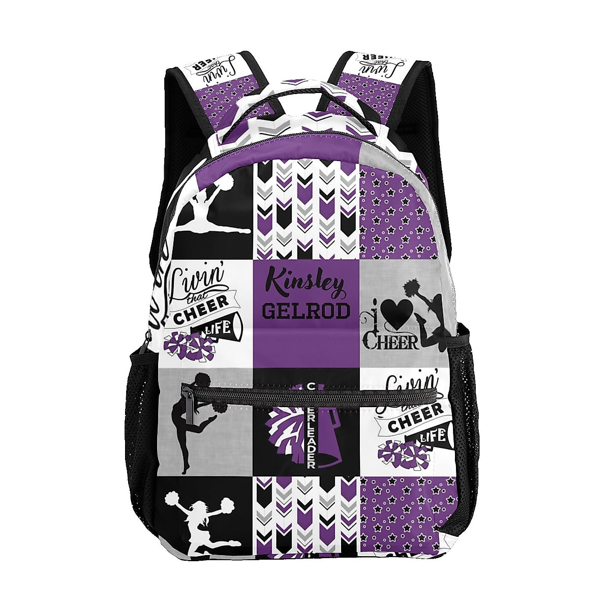 Urcustom Custom Kid Backpack, Grape I Love Cheer Cheerleader Personalized School Bookbag with Your Own Name, Customization Casual Bookbags for Student Girls Boys