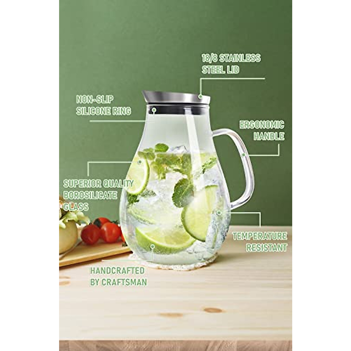 SUSTEAS 2 Liter Glass Pitcher, Water Pitcher with Removable Lid And Wide Handle, Easy Clean Juice Jug for Fridge, Beverage Carafe for Cold/Hot Water, Iced Tea, 1 Free Long-Handled Brush Included
