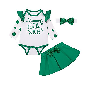 LENSOUS Infant Baby Girls Mommy's Lucky Charm ST. Patrick's Day Green Tutu Dress Skirts Set (Green, 3-6 Months)