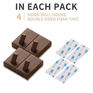 Biomoty Wood Wall Hooks, 4 Pack Adhesive Coat Hooks, Natural Wooden Hat Rack, Decorative Sticky Hooks Wall Mounted, Heavy Duty Wall Hangers for Hanging Purse (Black Walnut)