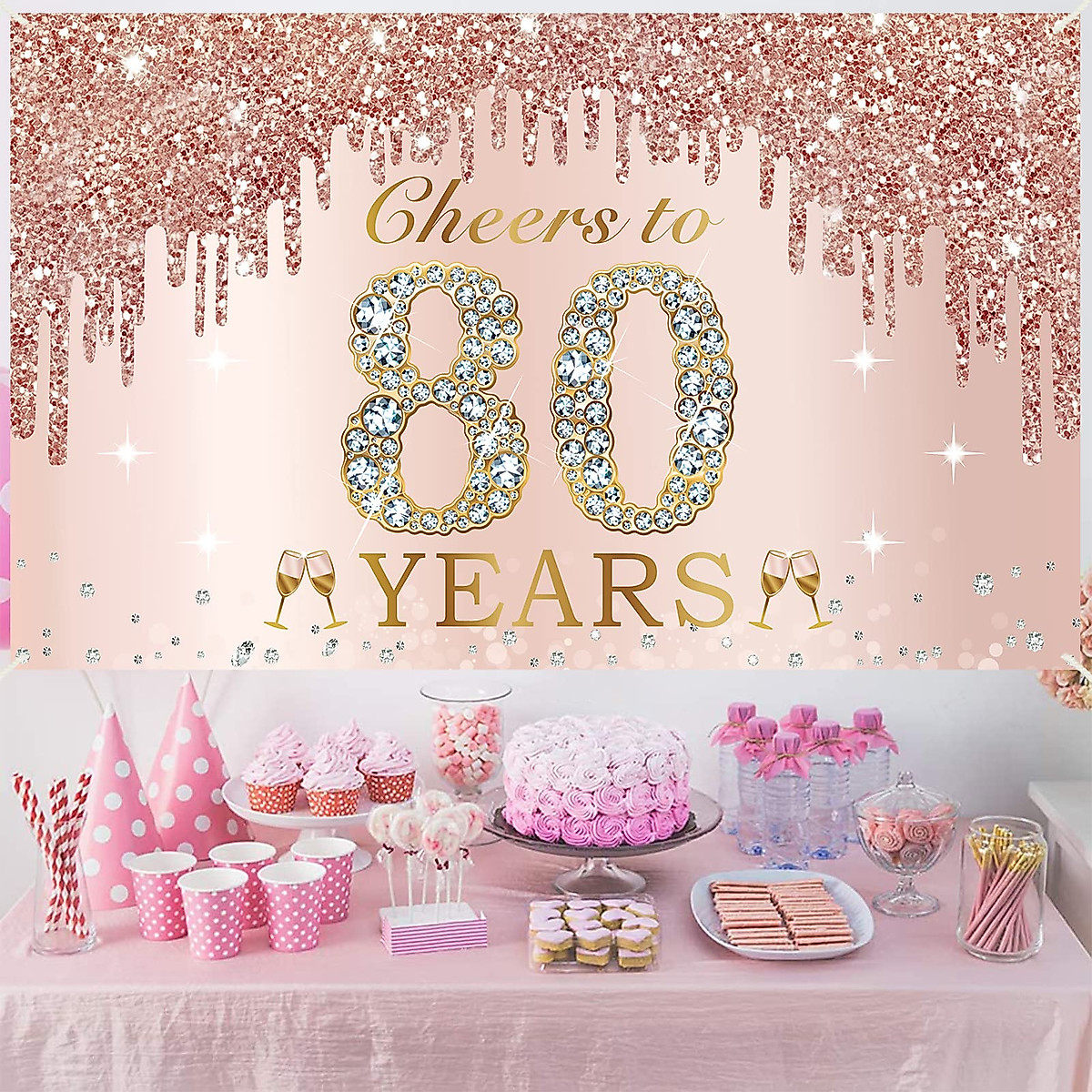 Large Cheers to 80 Years Birthday Decorations for Women, Pink Rose Gold Happy 80th Birthday Banner Backdrop Party Supplies, Eighty Birthday Poster Background Sign Decor