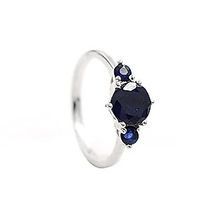 Three Stone Natural Blue Sapphire 7 MM Round Cut 925 Sterling Silver September Birthstone Cluster Unisex Proposal Ring Girlfriend Gift For Valentine Day (Rhodium Plated Silver, 6)
