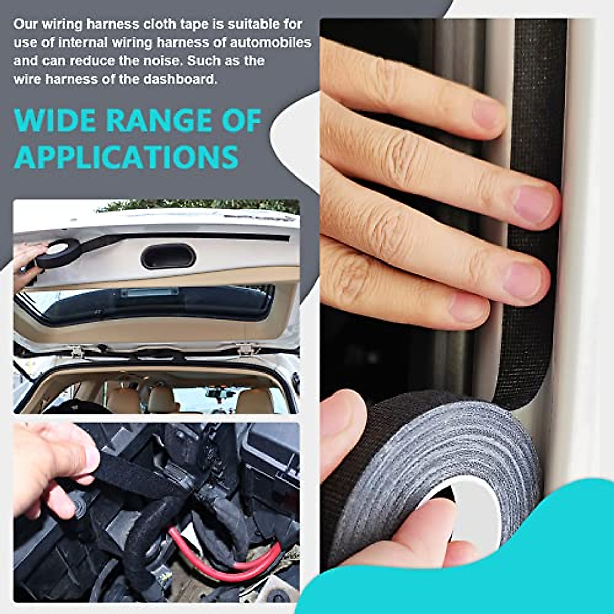 Cimeton 5 Rolls Wire Loom Harness Tape, 9/19/25/32/50mm x 15m Wiring Harness Cloth Tape Black Adhesive Fabric Tape for Automobile Electrical Wire Harnessing Noise Damping Heat Proof