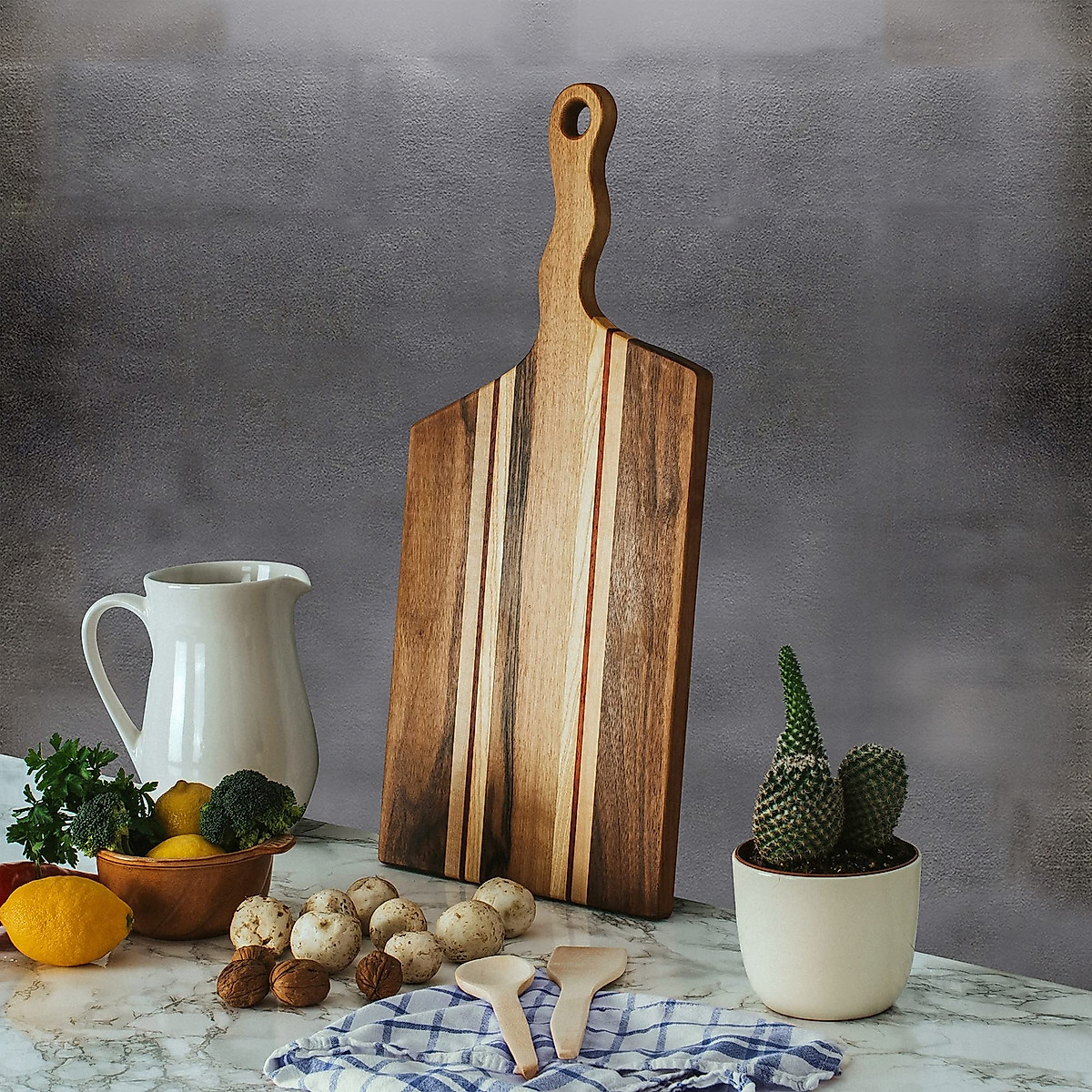 TeakCraft Walnut Cutting Board for Kitchen with Handle, Serving Tray, Bread Tray, Crackers Platter, Cheese Board, Chopping Board for Meat, Knife Friendly, The Lamia(24x11x0.75 inch)