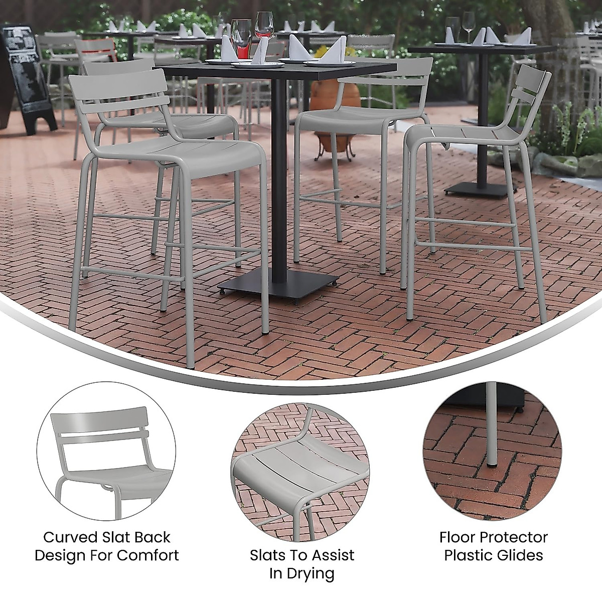 Flash Furniture Nash Commercial Grade Steel Stack Stool, Indoor-Outdoor Bar Stool with 2 Slat Back, Set of 4, Silver