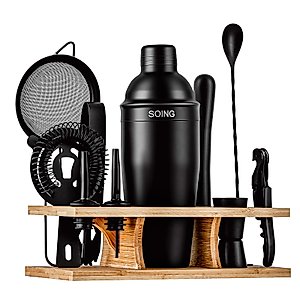 Soing 11-Piece Black Bartender Kit,Perfect Home Cocktail Shaker Set for Drink Mixing,Stainless Steel Bar Tools with Stand,Velvet Carry Bag & Cocktail Recipes Cards (Black)