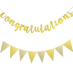 Boao 2 Pieces 2024 Gold Congratulations Graduation Banner Triangle Flag Banner Vintage Glitter Congratulations Banner Pennant for Wedding Baby Shower Ceremony Retirement Party Supplies