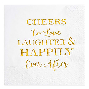 Crisky 100 Count Bridal Shower Napkins Disposable Cocktail Napkins 3-Ply Gold Foil Text Beverage Napkins for Engagement Party Decorations & Wedding Shower