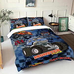 AILONEN Truck Duvet Cover Twin Size, 3D Monster Truck on Blue Background Theme Bedding Set for Kids Boys,Off-Road Comforter Cover Soft Microfiber,3 Pieces,1 Quilt Cover and 2 Pillowcases