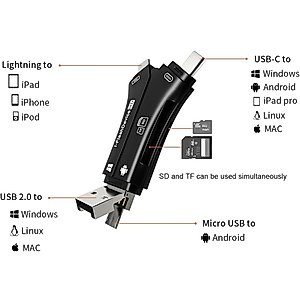 [MFi Certified] 4in1 SD Card Reader for iPhone That Reads Both SD TF Memory simultaneously,for Trail Camera/Hunting Game Camera Viewer Plays Video Photo on All Latest Apple iOS
