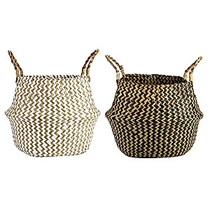 Foldable Storage Basket, Natural Seagrass Woven Storage Basket Clothes Organizer Plant Flower Pot for Bedroom, Living Room, Kids Room(Black (wave pattern))