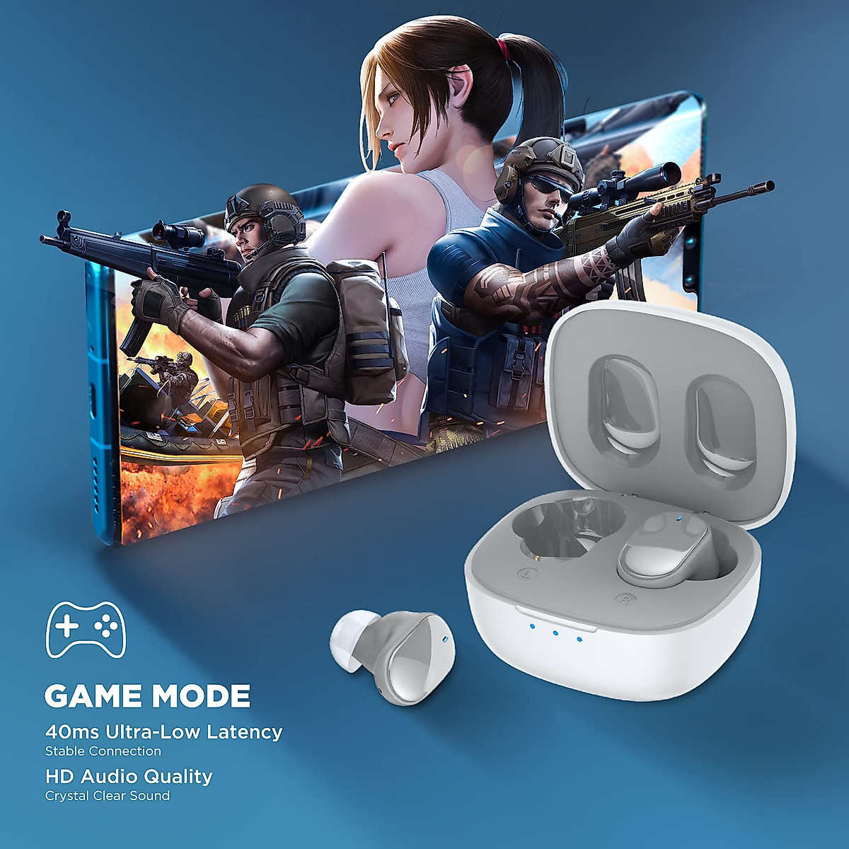 HTC True Wireless Earbuds 7 Bluetooth 5.3, in-Ear Headphones Noise Cancelling for Gaming, Exercising - 40ms Ultra Low Latency/22H Playtime/Game Modes/10mm Driver/Built-in Microphone -Gray