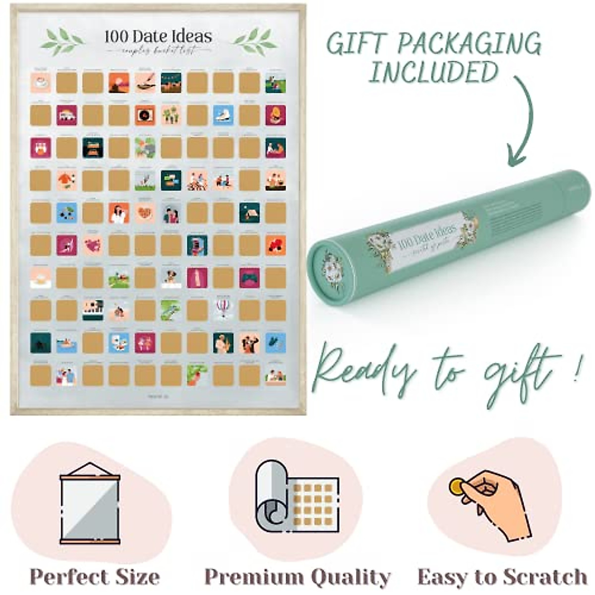 WISHMEAD 100 Dates Scratch Off Poster - Bucket List - Couples Games Date Night Ideas - Wedding Gifts for Couple Games for Couples Gifts - Valentines Day Gifts for Him - Engagement Gift Relationship