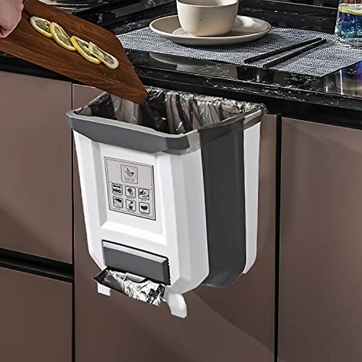 Hanging Kitchen Trash Can, Foldable Waste Bin for Kitchen, Collapsible Hanging Small Garbage Can, Garbage Container for Cabinet/Car/Bedroom/Bathroom, 2.4 Gallon (White)