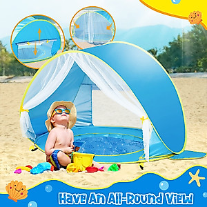 Monobeach Baby Beach Tent, Beach Canopy Sun Shelter UPF50+ UV Protection Baby Pool with Canopy, Easy Set Up Pop Up Baby Beach Shade Pool for Toddlers Outdoor Camping Pool Fun (Front Mesh Blue)