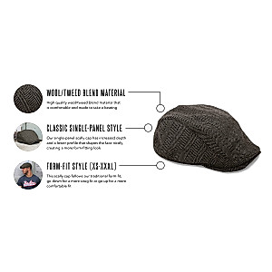The Original Boston Scally Cap - The Original Newsboy Flat Cap - Single Panel Cotton Fitted Hat for Men - Grey Herringbone - ML
