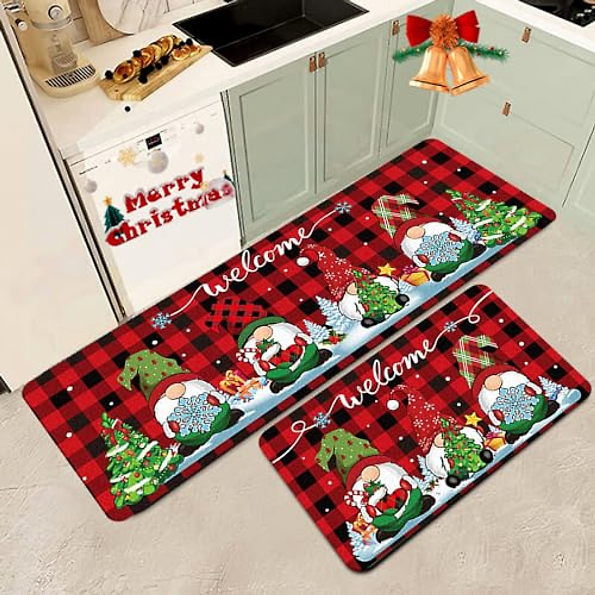 Valcatch Christmas Kitchen Rug, Non Slip Kitchen Mat 2 Pieces, Christmas Decor for Kitchen, Kitchen Rugs and Mats Washable, Comfort Standing Runner Mats for Laundry, Sink, Bathroom(Christmas 01)