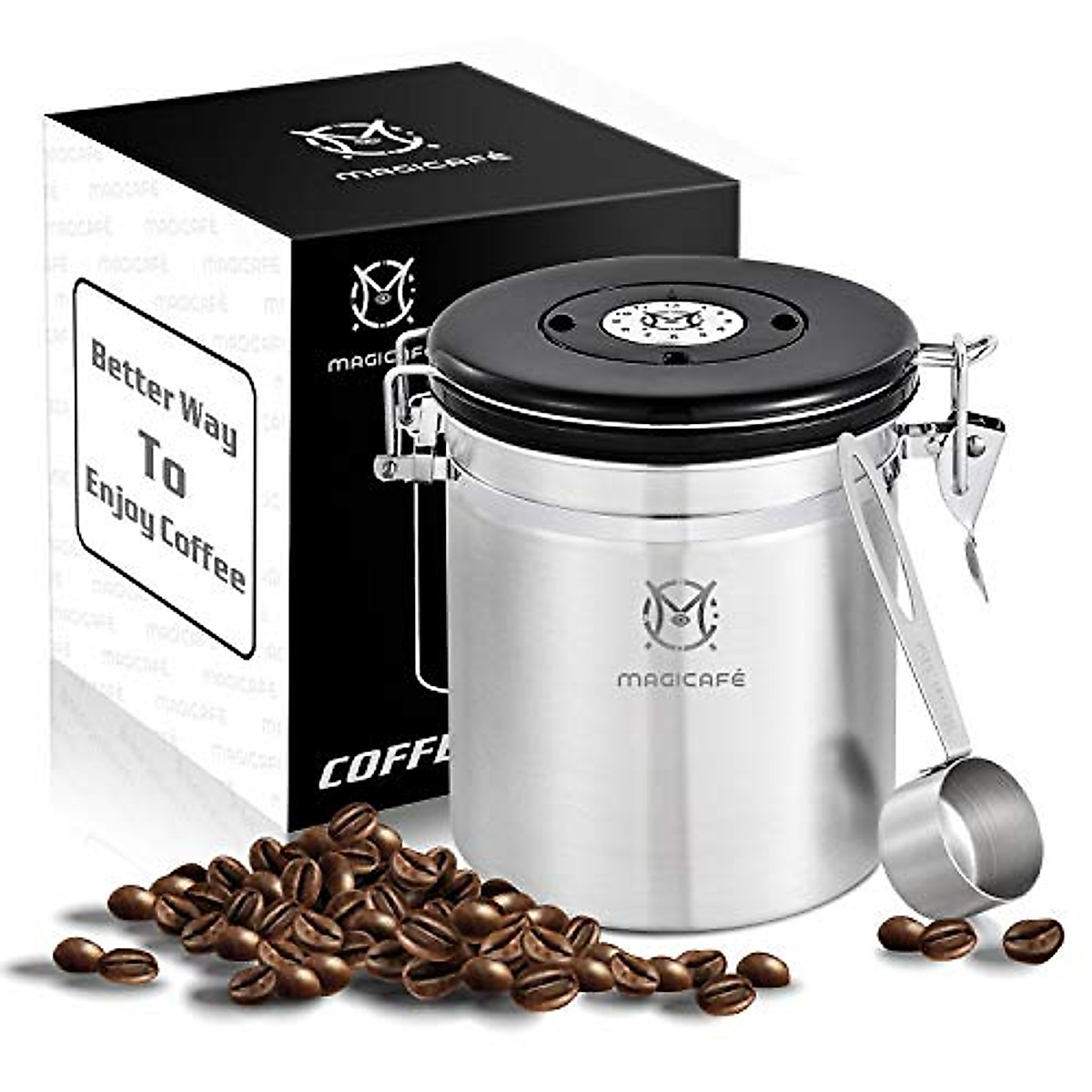Magicafé Airtight Coffee Container Canister - CO2 Valve Coffee Container with Scoop for Ground Coffee Beans Storage Medium 16oz