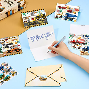 WERNNSAI Construction Thank You Cards - 24 PCS Construction Party Supplies Dump Truck Greeting Cards with Envelopes Stickers Appreciation Thank You Notes for Boys Kids Birthday Party Baby Shower