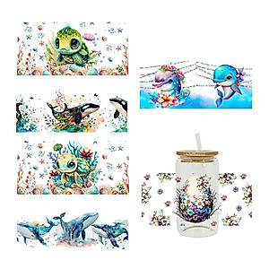 ZOHIKO Protect The Sea Iron On Transfer Patches, Marine Animals UV DTF Transfers Stickers, DIY Cup Wrap Turtle Dolphin Printed Rub on Transfers Stickers for Water Bottle Coffee Mug