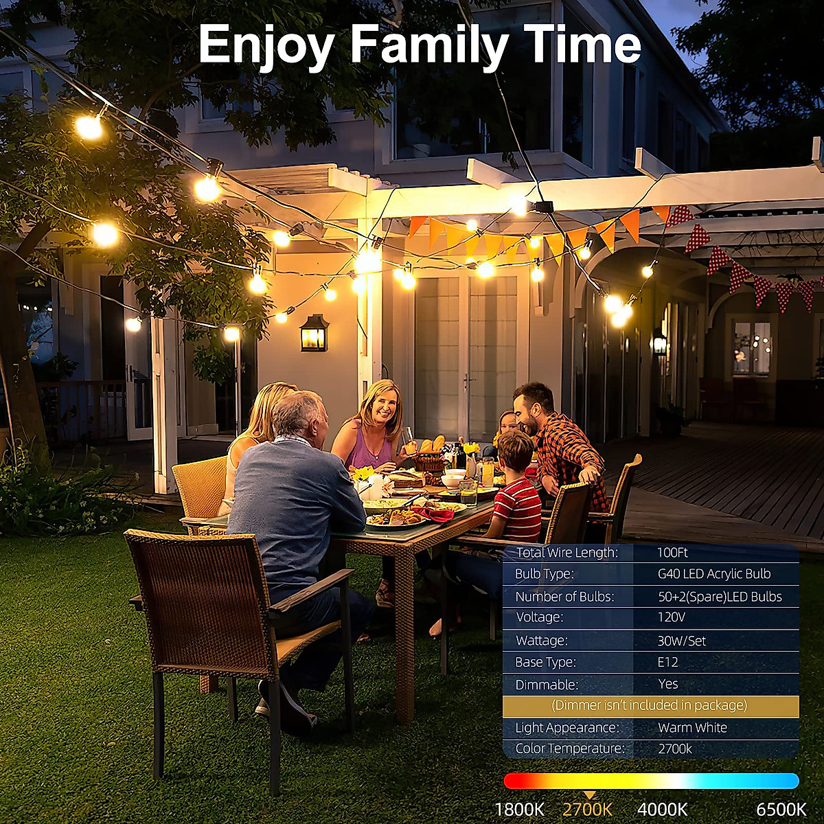 YILINM 100ft Outdoor String Lights Waterproof LED G40 Shatterproof Backyard Lights with 50 Bulbs Connectable Patio Lights for Christmas Patio House Backyard Balcony Party