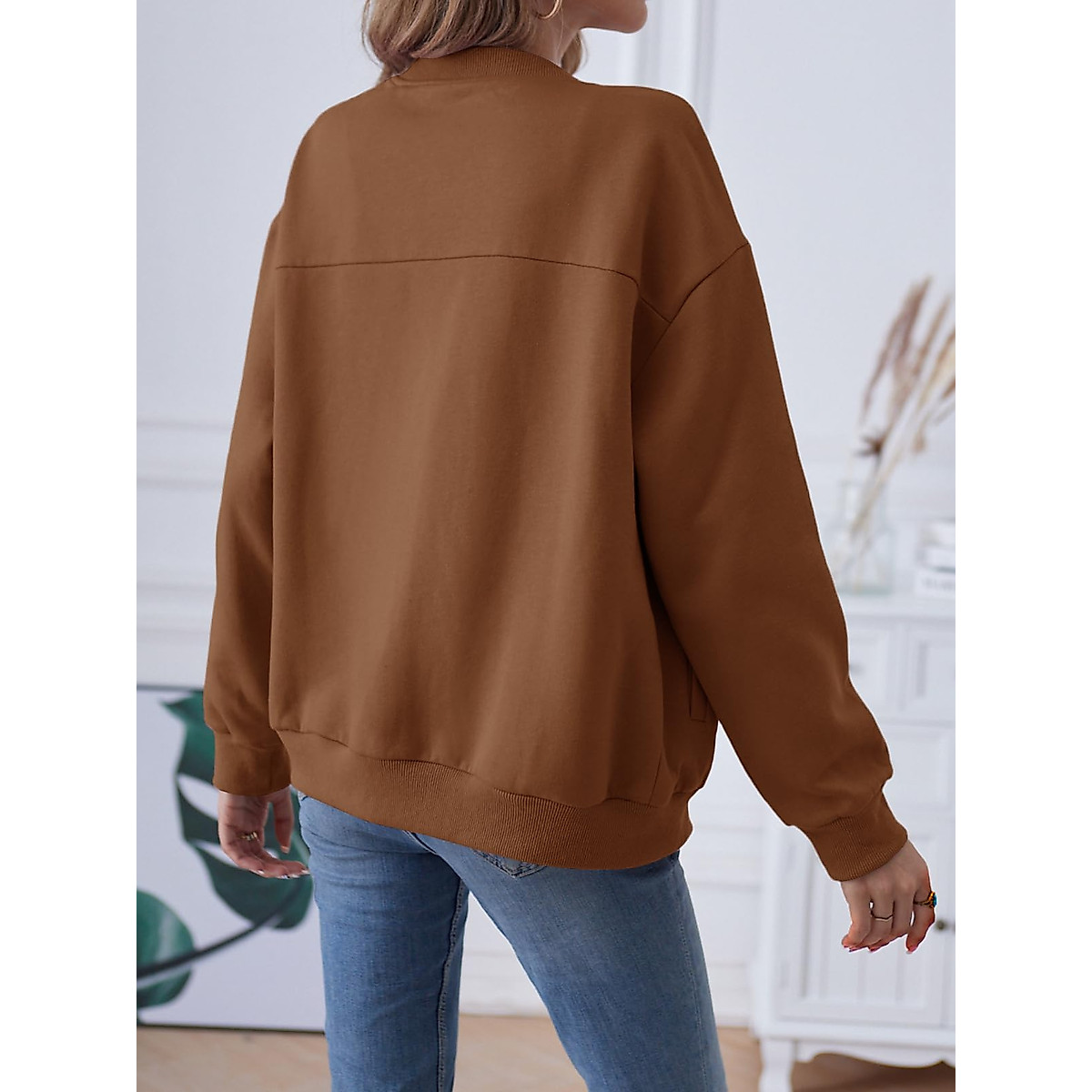 MEROKEETY Womens Fall Zipper Sweatshirt Long Sleeve Running Workout Jacket with Pockets, Brown, Large