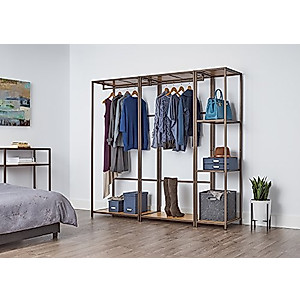 Trinity Garment Rack with Bamboo Shelves and 4-Tier Shelf Tower for Clothing Storage, Closet Organization for Home with Decorative Book Shelf and Display Stand, Bronze