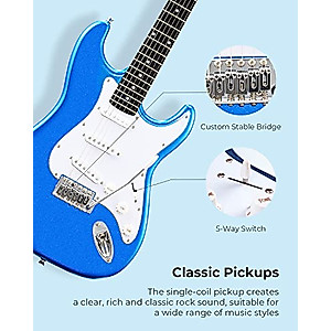 Electric Guitar 39 Inch Full Size Electric Guitar Beginner Starter Kit Bundle with Folding 10W Amp for Adults Teens,Metallic Blue, by Vangoa