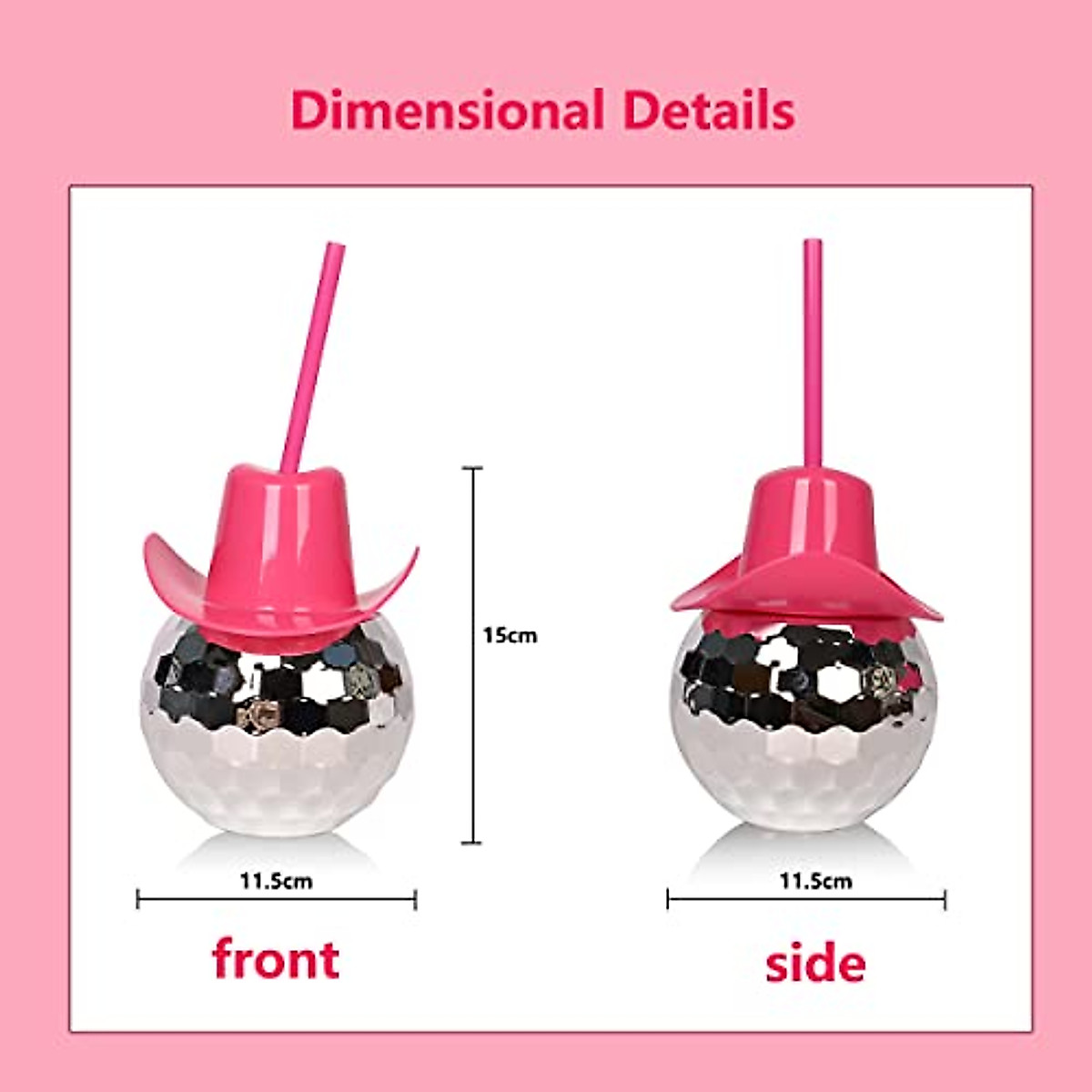 2 Pcs,Disco Ball Cups,Fashionable Pink Disco Ball Cowboy Hat,Disco Ball Cup with straw for Christmas Day,Halloween,Achelorette Party,New Year’s Eve,Birthday Party,Reusable And Removable